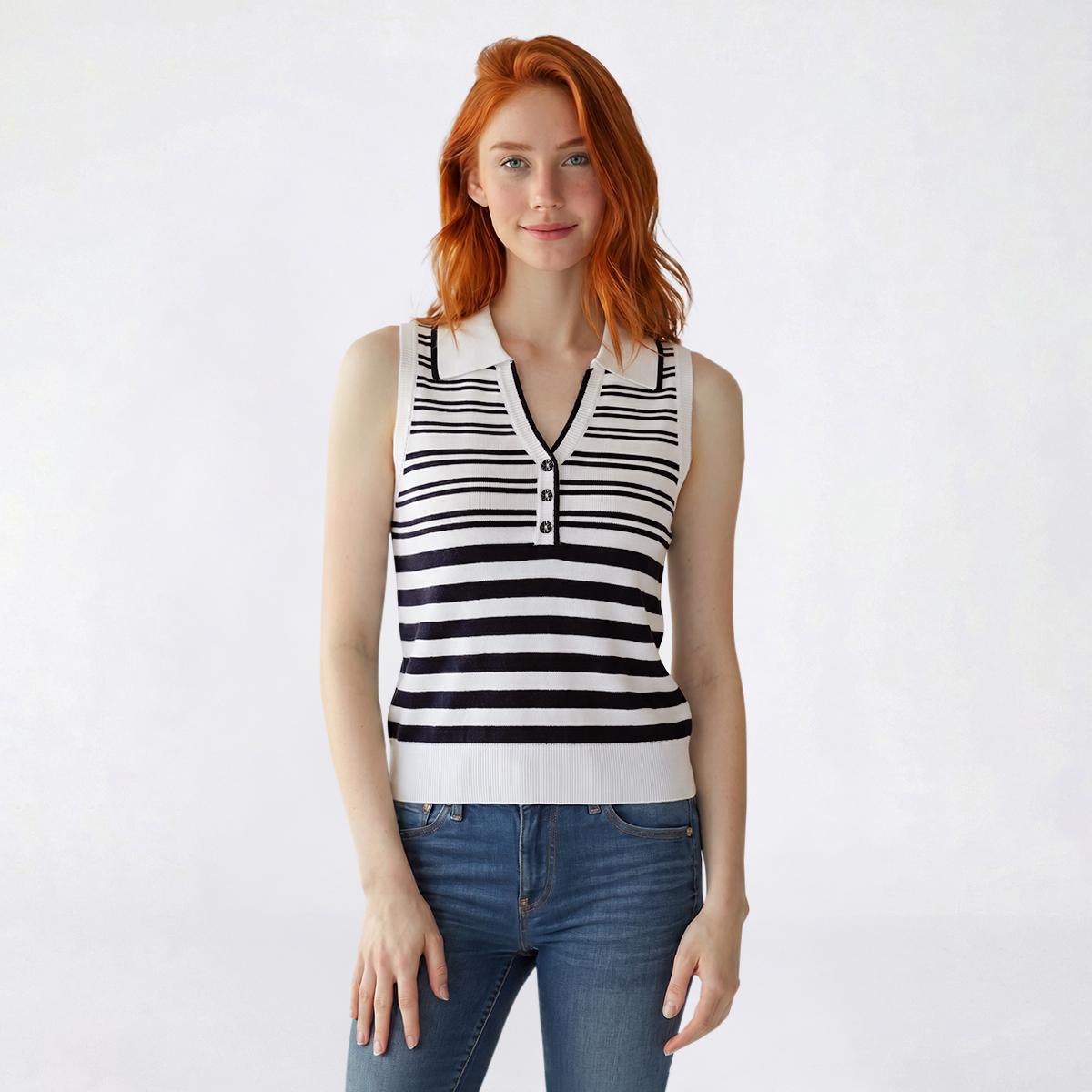 Click here for Juniors A. Byer Stripe Sleeveless Polo Collar Swea... prices